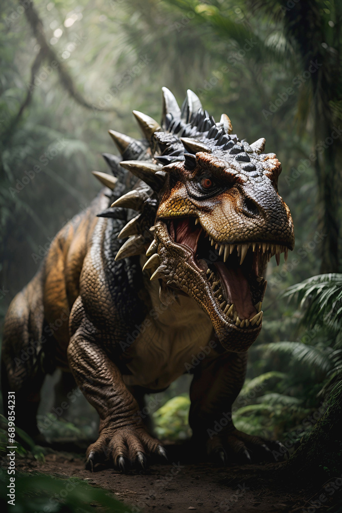 Growling quadrupedal predatory dinosaur in jungle. Carnivorous lizard ...