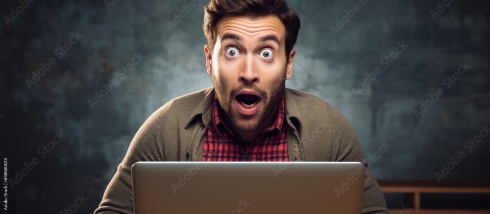 Astonished young man staring in awe at laptop Stock Photo | Adobe Stock