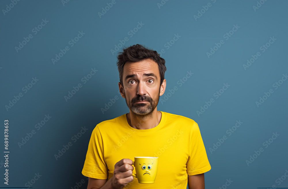 Serious man in yellow shirt, holding a sad-faced mug, blue background ...