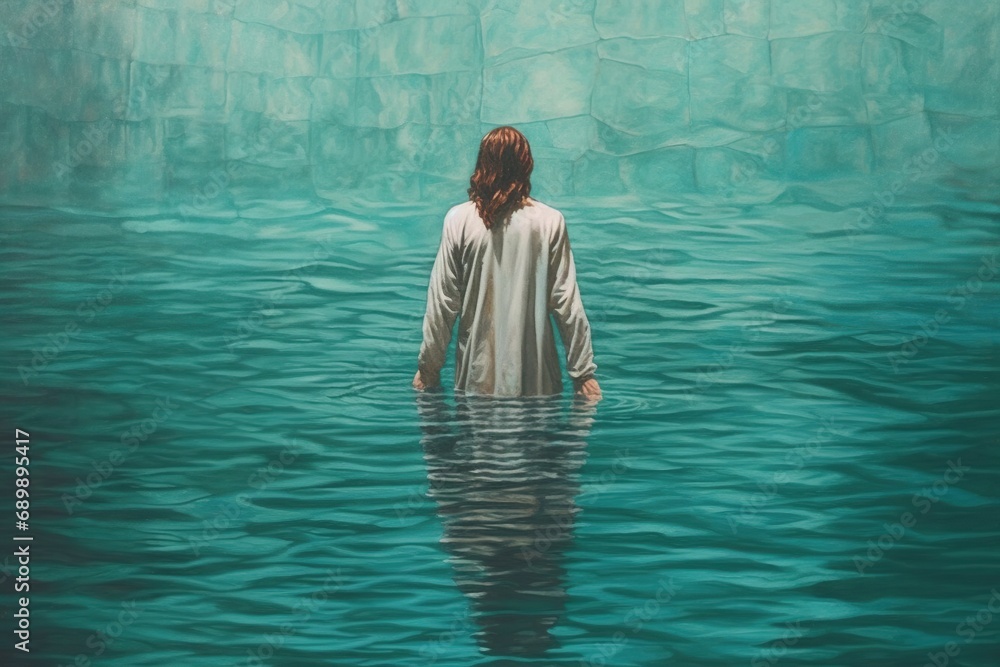 Jesus Christ swimming in pool back view, created with Generative AI ...
