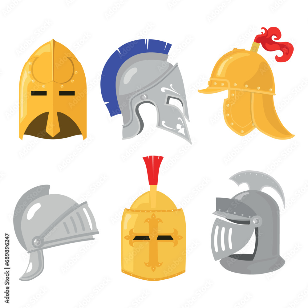 Set of beautiful knight helmets in cartoon style. Vector illustration ...