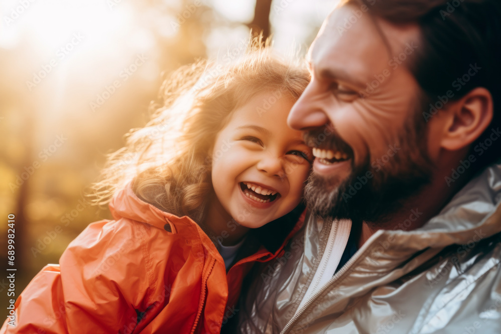 Happy family with young girl hugging her dad with smile and laughs ...
