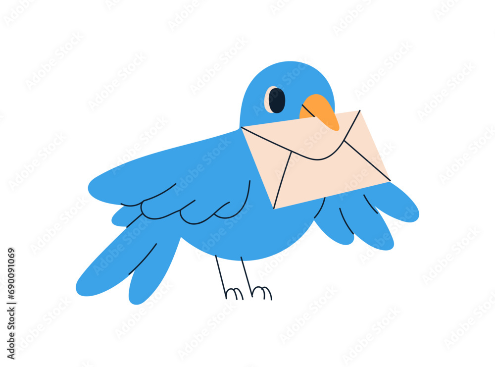 Bird holding envelope, letter. Cute pigeon with paper mail in beak. Post dove from delivery ...