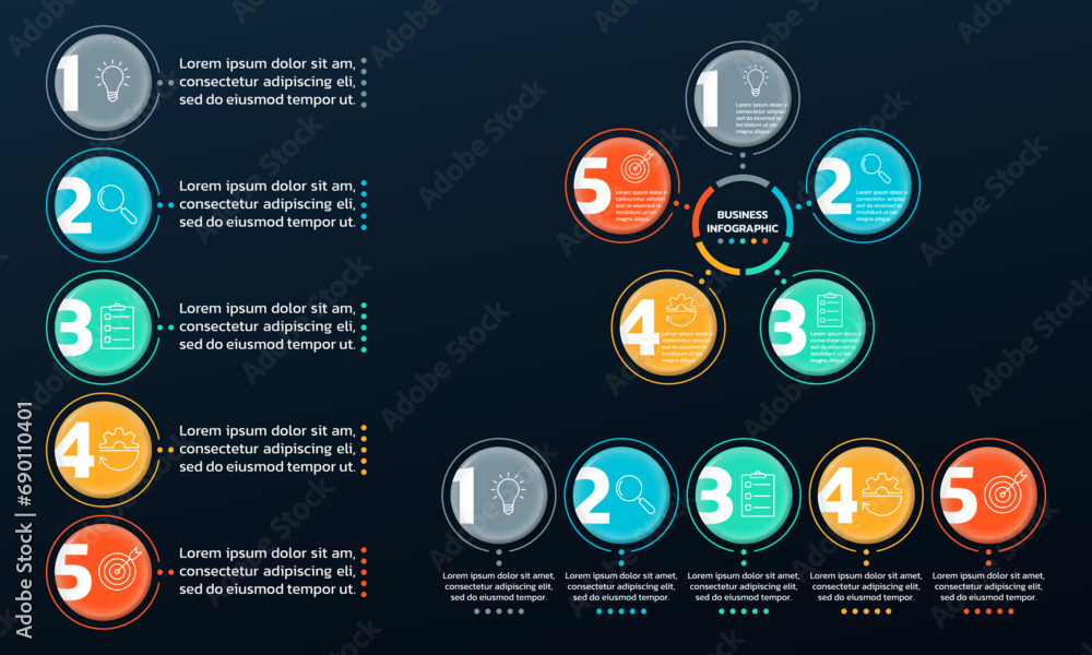 5 step chart, process diagram set. Business presentation layout ...