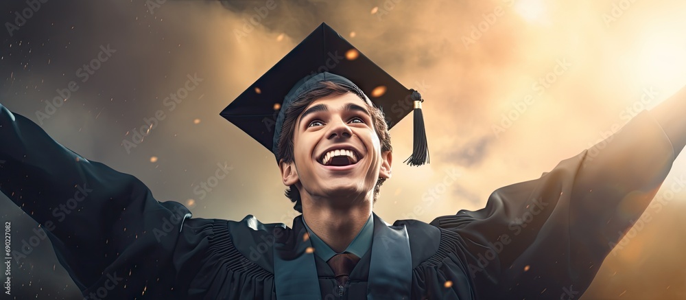 Man excited to be graduating college wearing a graduation gown cap ...