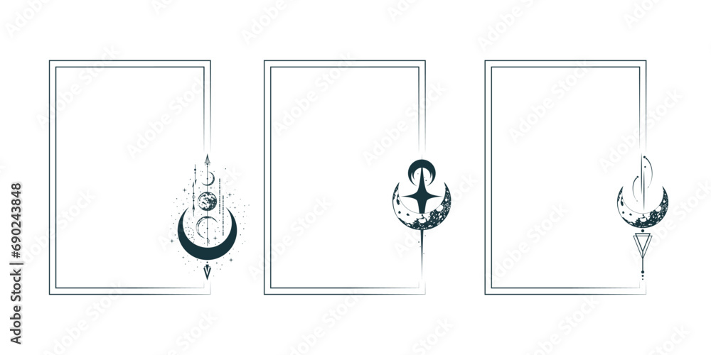 Set of three celestial rectangular frames with moon symbols. Mystical ...