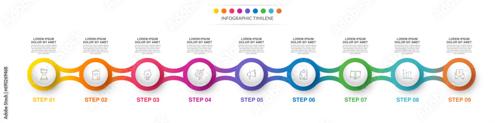 Timeline vector infographic design with 9 icons and circles. Circular ...