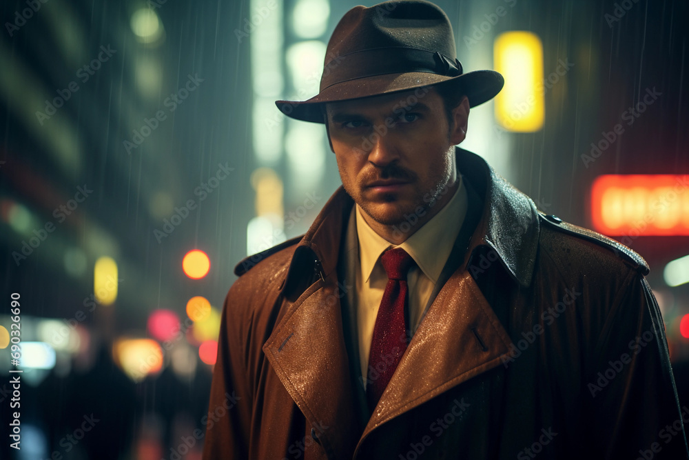 Neo-noir detective portrait, rainy megacity, trench coat with ...