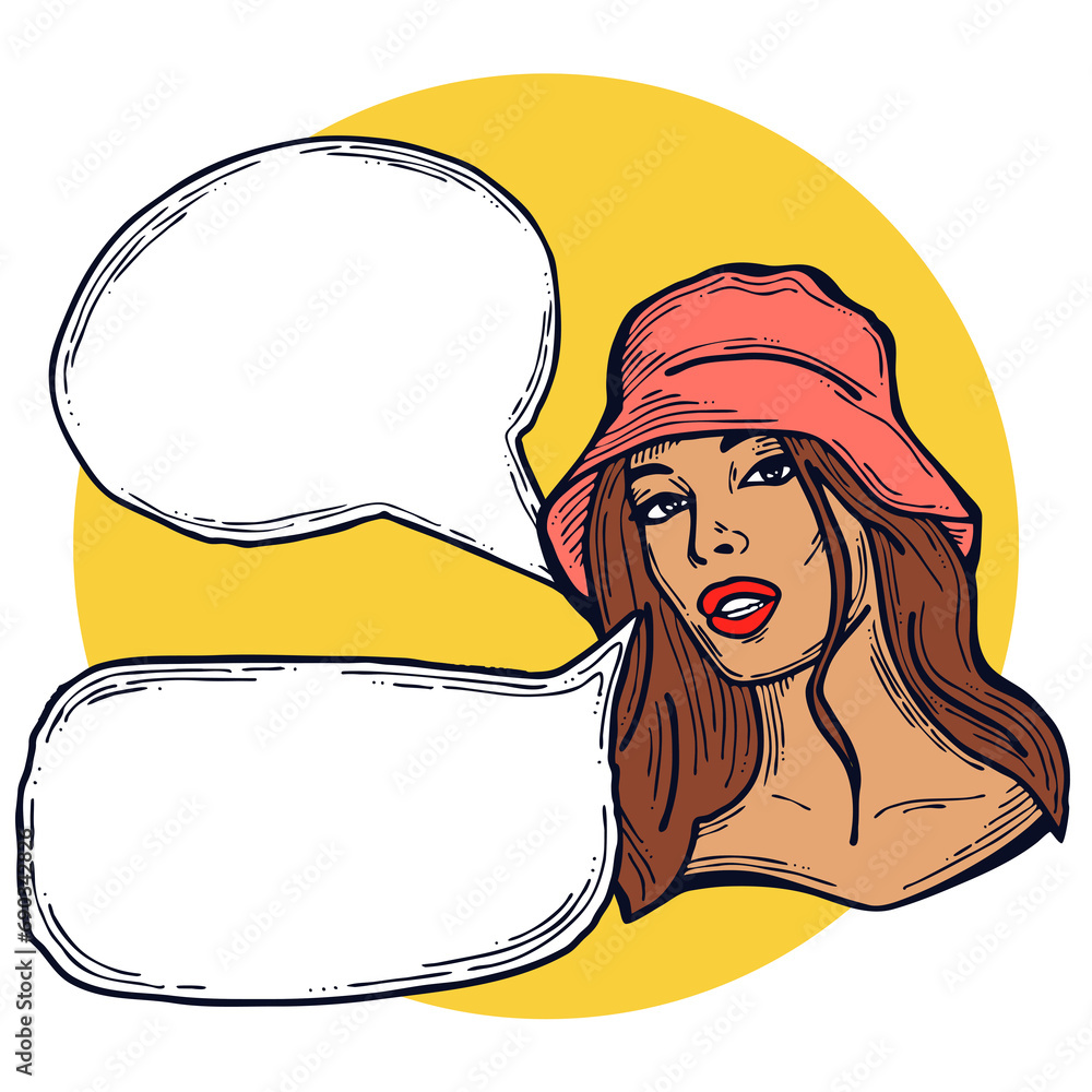 Beautiful young woman talk. Empty speech bubble for sale promotion ...