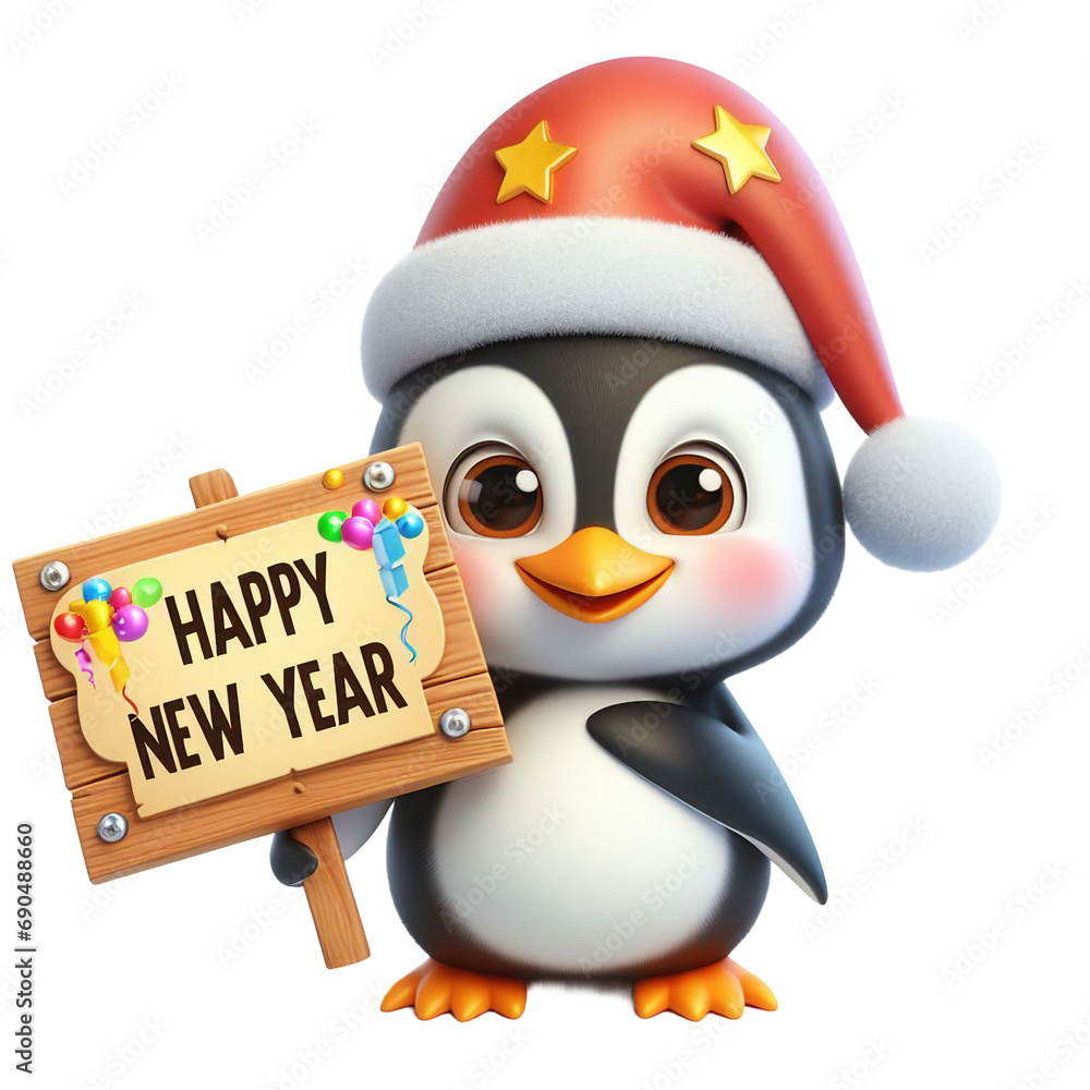 Cute Animal 3D Penguin Holding 'Happy New Year' Board and Wearing Party ...