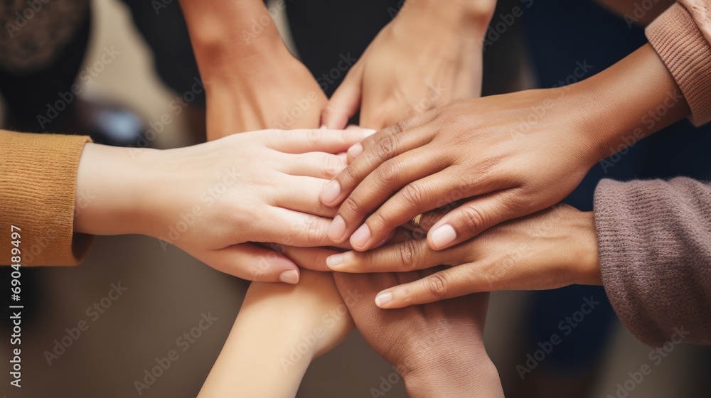 People of various nationalities join in collective hug showing unity ...