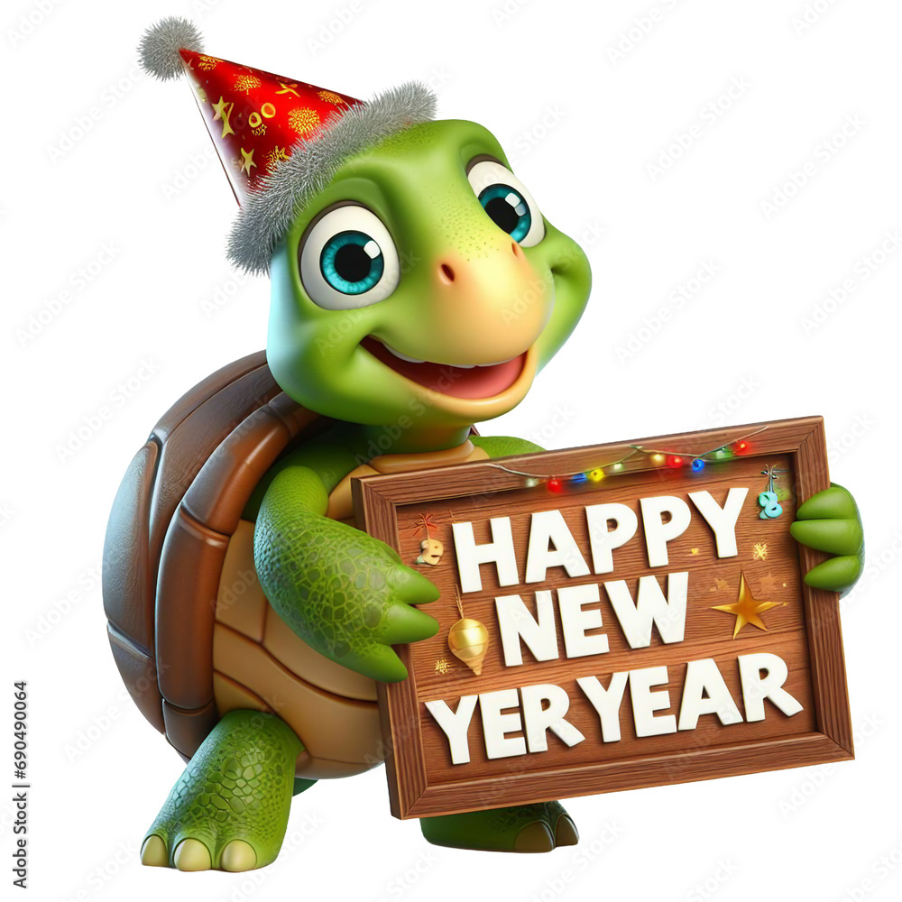 Cute Animal 3D Turtle Holding 'Happy New Year' Board and Wearing Party ...
