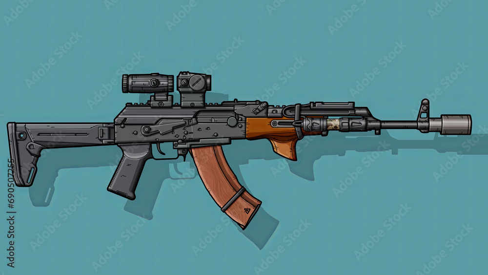 AK-M assault rifle with collimator sight on a blue background. Weapons ...