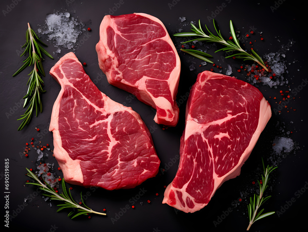 fresh raw beaf steak meat with salt and rosemary on dark wood kitchen ...