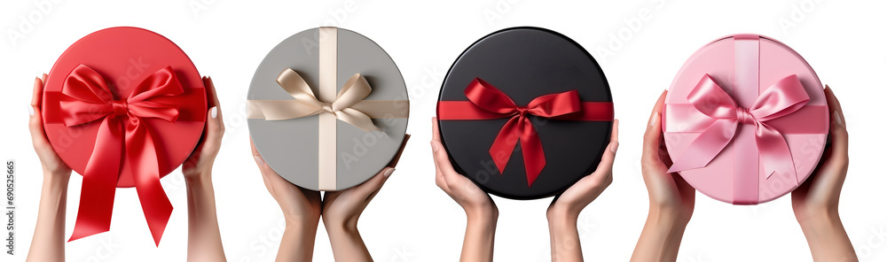 Hand holding Circle round shape Gift present box with bow ribbon on ...