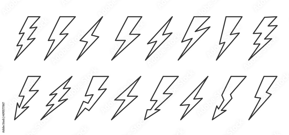Lightning black line icon set. Energy power charge sign. Thunder bolt ...