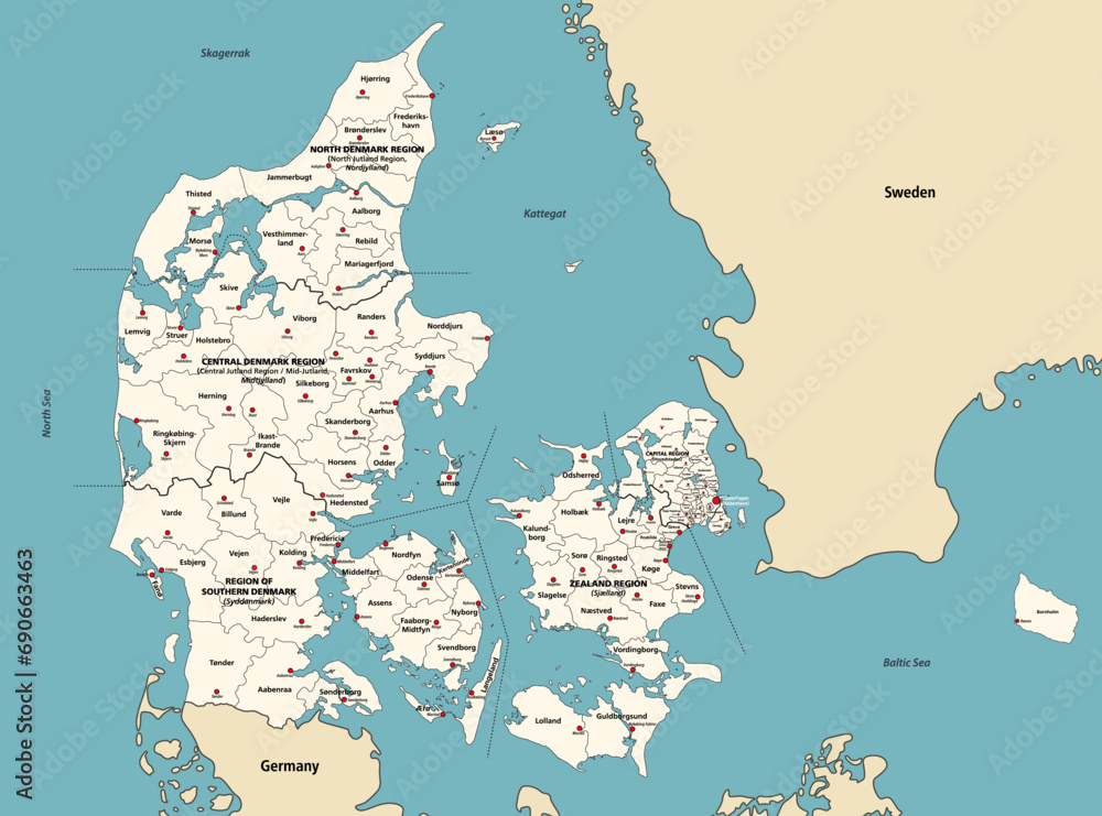 Denmark municipalities vector map with administrative centers ...