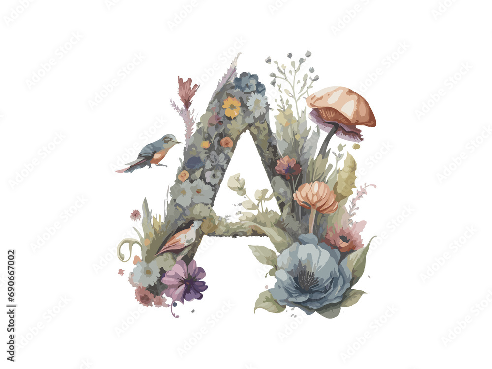 Letter a Decorated with flowers, png clipart illustration. Stock ...