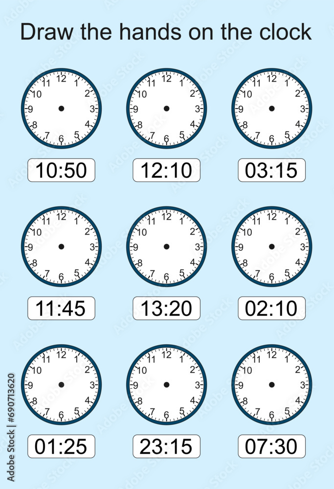 What time is it? worksheet with illustrations of clocks, hands, and ...