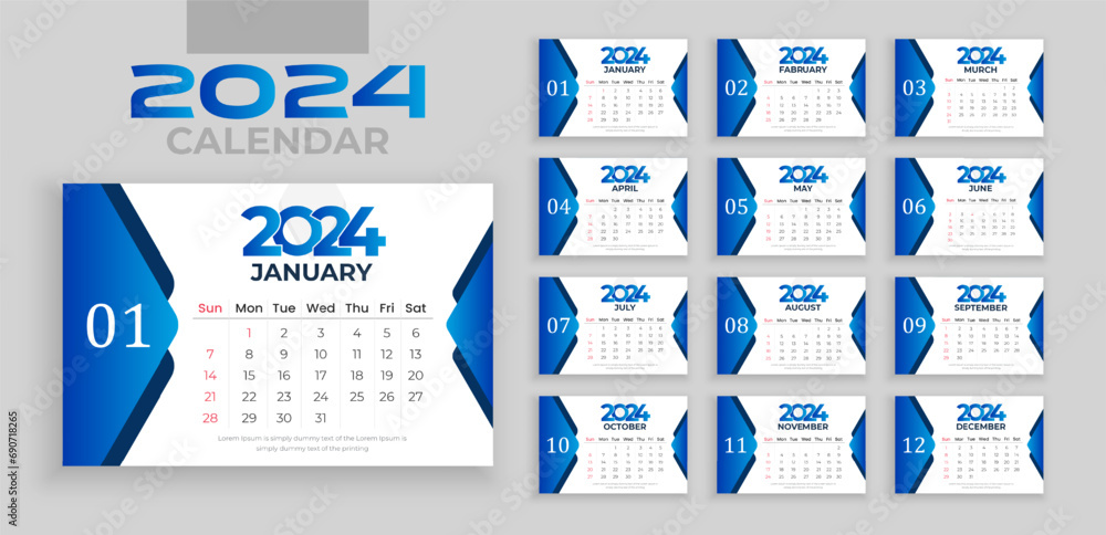 Calendar design for 2024. week starts on Sunday, Simple planner design ...