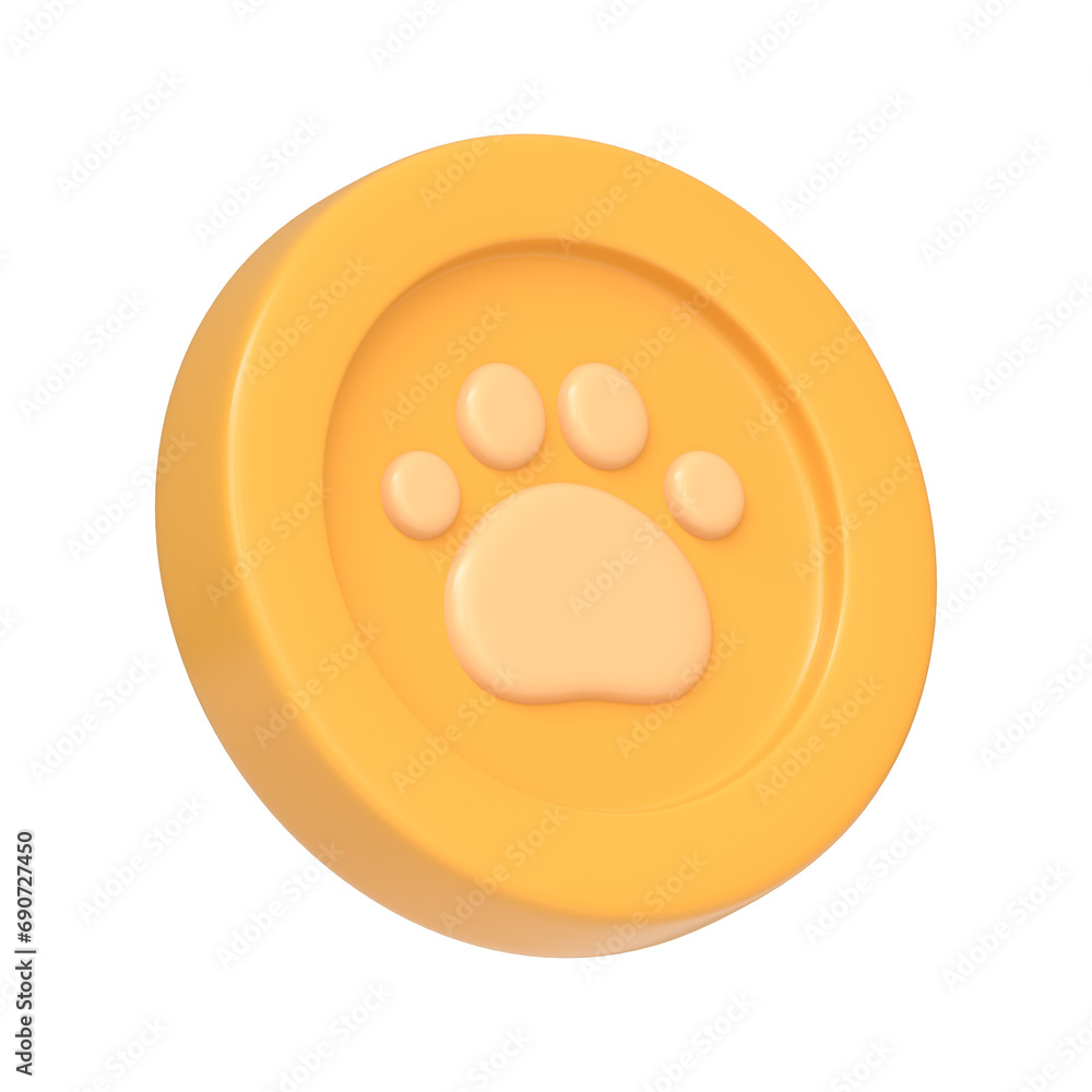 Gold coin with cat or dog paw isolated on white background. 3D icon ...