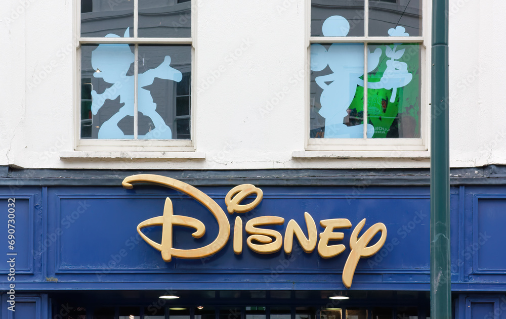 DUBLIN, Ireland - August 04, 2023: Disney store sign in Grafton street ...