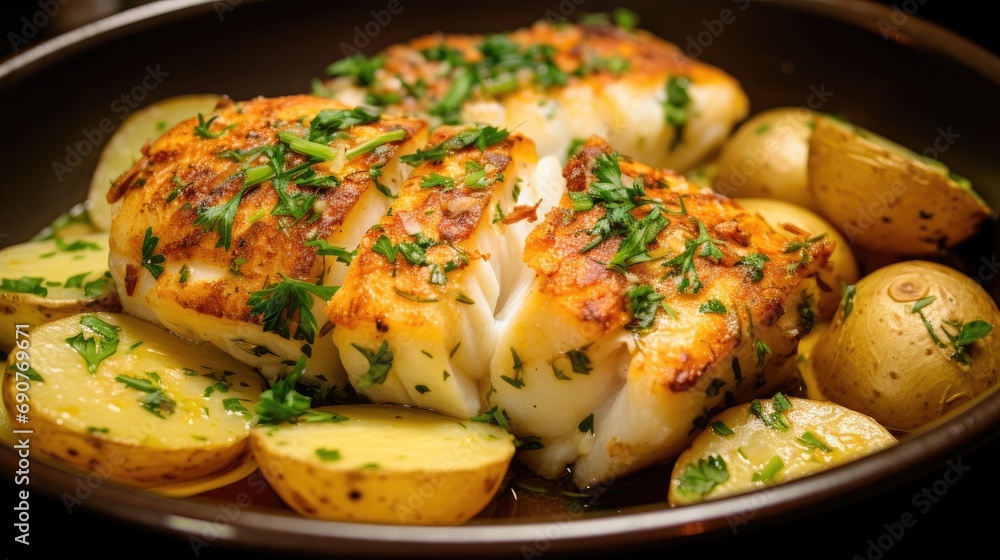 Fish cod fillet grilled with potato cherry tomato wallpaper background ...