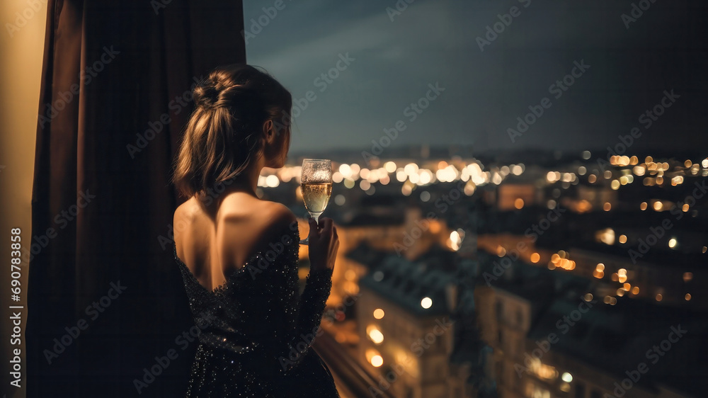 Successful and posh woman in an elegant black evening dress stands on a ...
