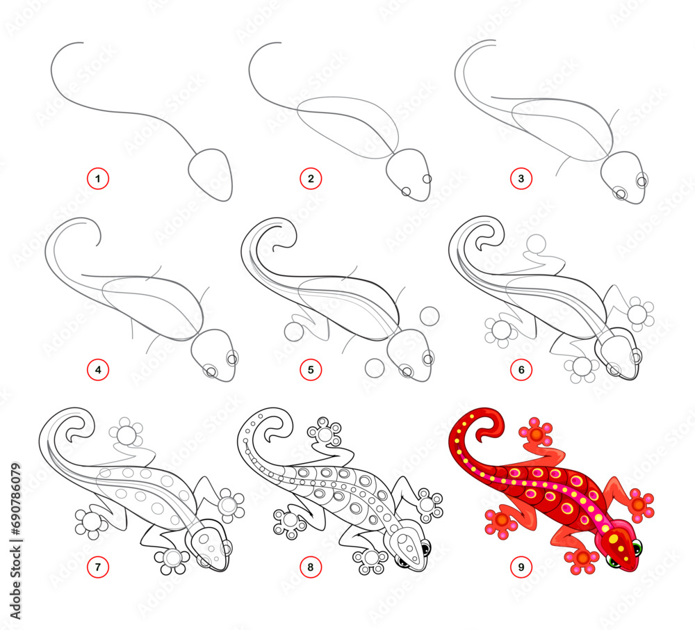 How to draw a cute little red gecko. Educational page for children ...