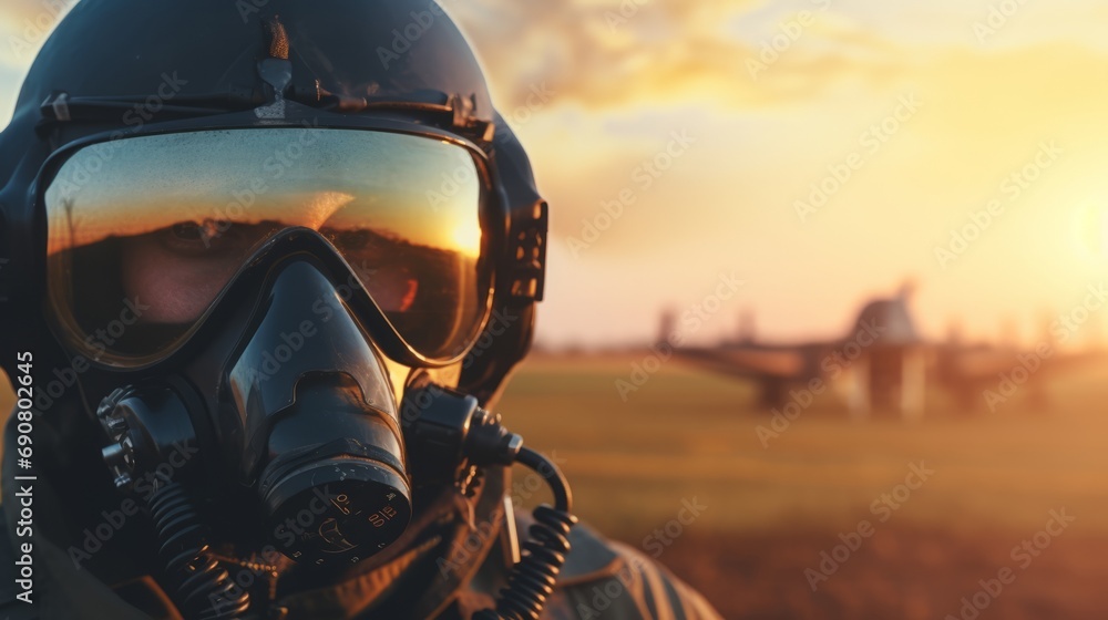 Fighter Pilot in flight wearing flying helmet, dark visor and oxygen ...