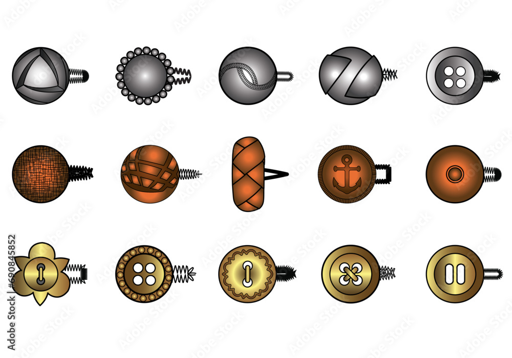 Metal Buttons flat sketch vector illustration set, different types of ...