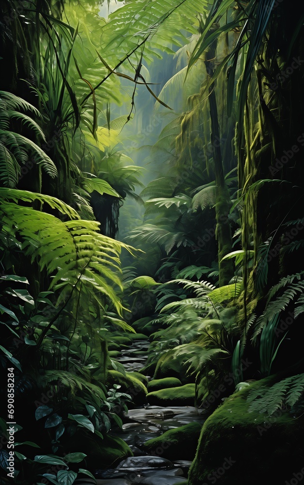 jungle scene stream animal forest shrouded overgrown huge ferns oil fps ...
