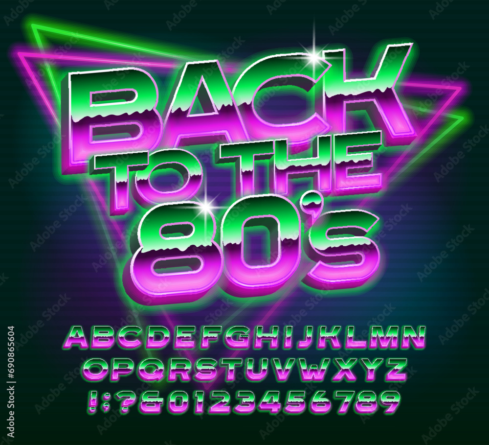 Back to the 80s alphabet typeface. 80s style bright neon 3d letters and ...