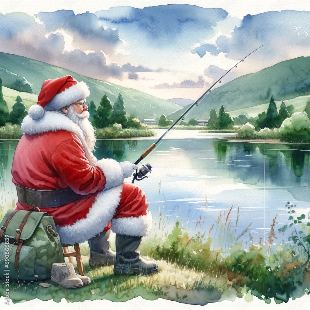 Watercolor Santa Claus fishing at the shore with his Fishing Pole and ...