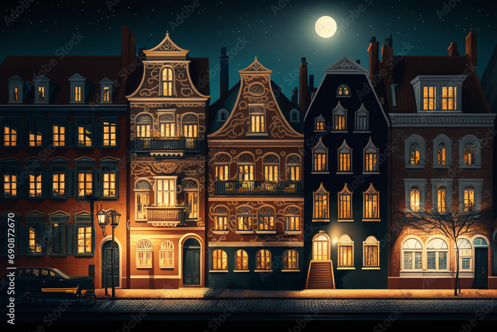 Night Italy old town street cartoon illustration. Italian vintage house ...