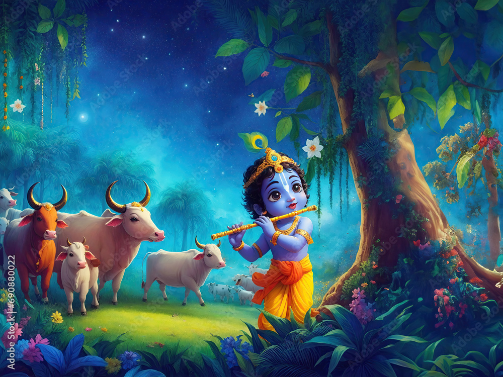 Lord Krishna Childhood in Vrindavan forest, illustration image, India ...