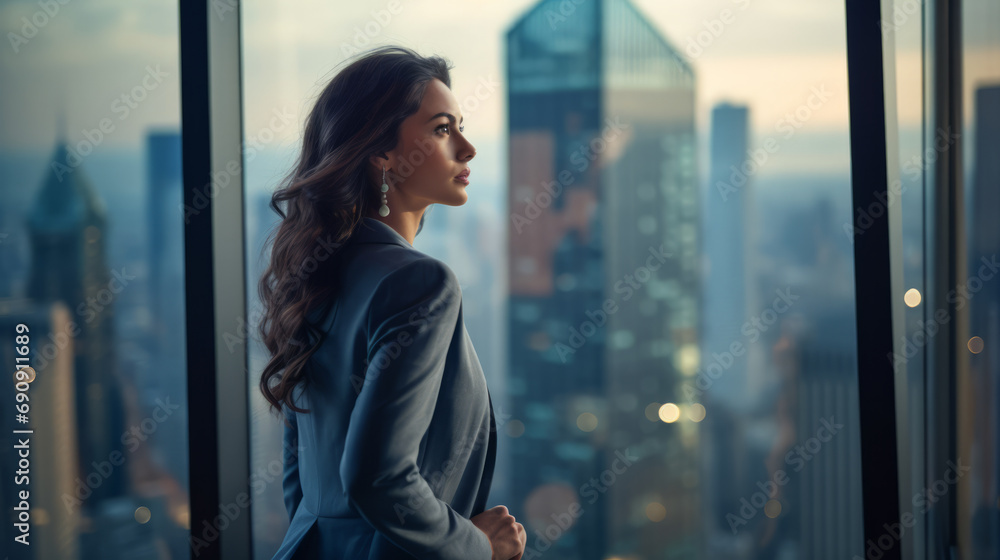 Professional business woman looking through window of her office ...