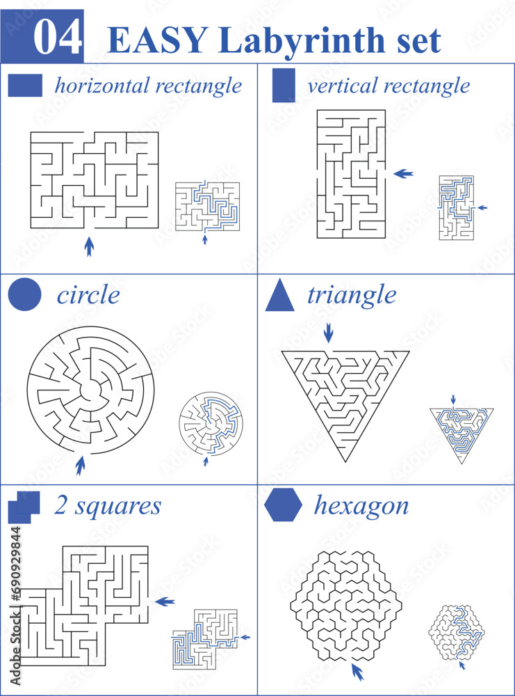 Set of 6 labyrinths in different shapes: vertical and horizontal ...