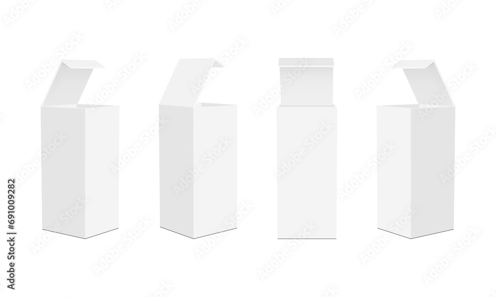 Blank Tall Cardboard Rectangular Packaging Boxes, Opened Lid Mockups, Isolated On White ...