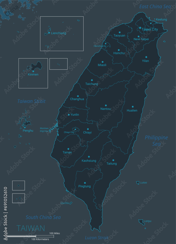 Taiwan map. High detailed map of Taiwan with countries, borders, cities ...