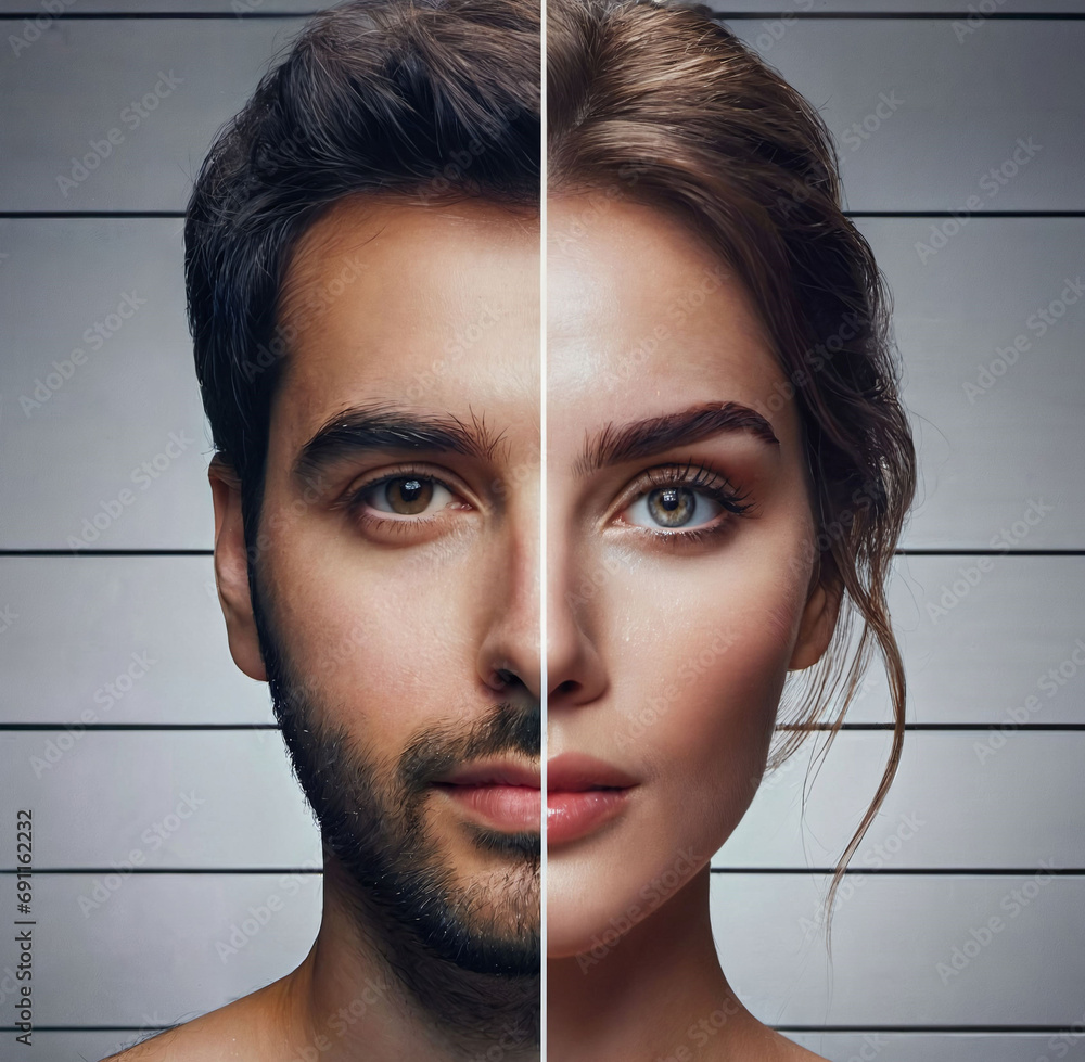 Portrait of a person half man half woman. Collage half face portraits ...