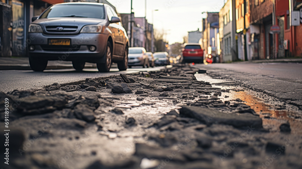 Dynamic and striking photo of deteriorated city street or road with ...