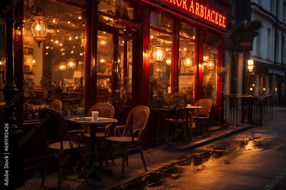 Street Scene with a Traditional French Cafe, Parisian Nightlife: Cafe ...