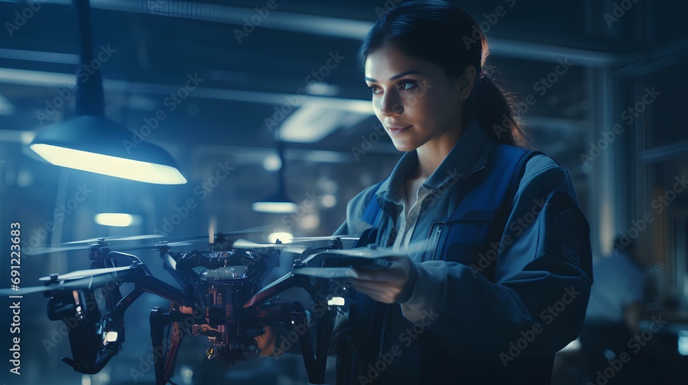 A female drone engineer controlling a state-of-the-art drone. repairing ...