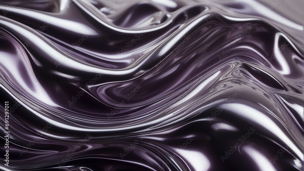 Shiny wavy purple metallic fluid with a reflective chrome mirror water ...