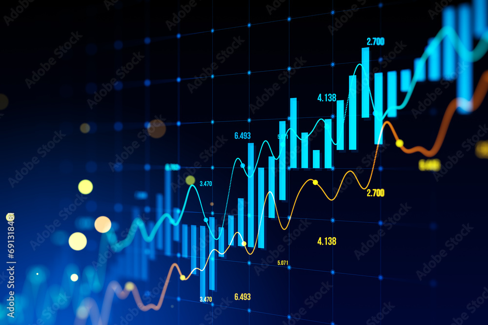Glowing candlestick forex chart on blurry blue background. Trade ...