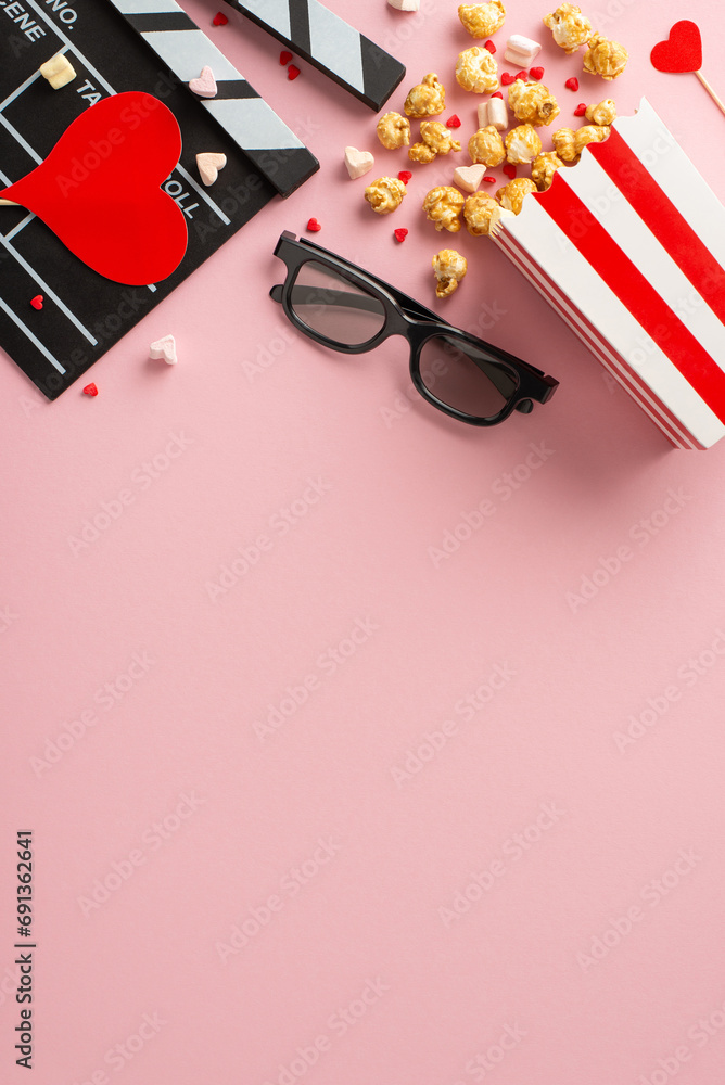 Romantic movie marathon setup: Vertical top view of clapperboard, 3D ...