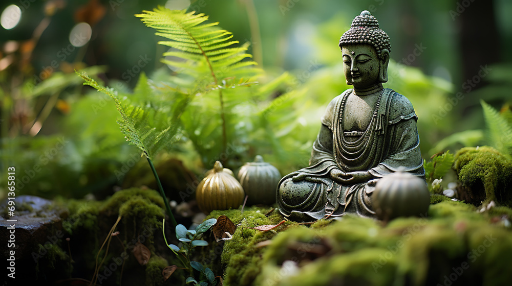 buddha statue on a rock in a blurred green bamboo jungle with smooth ...