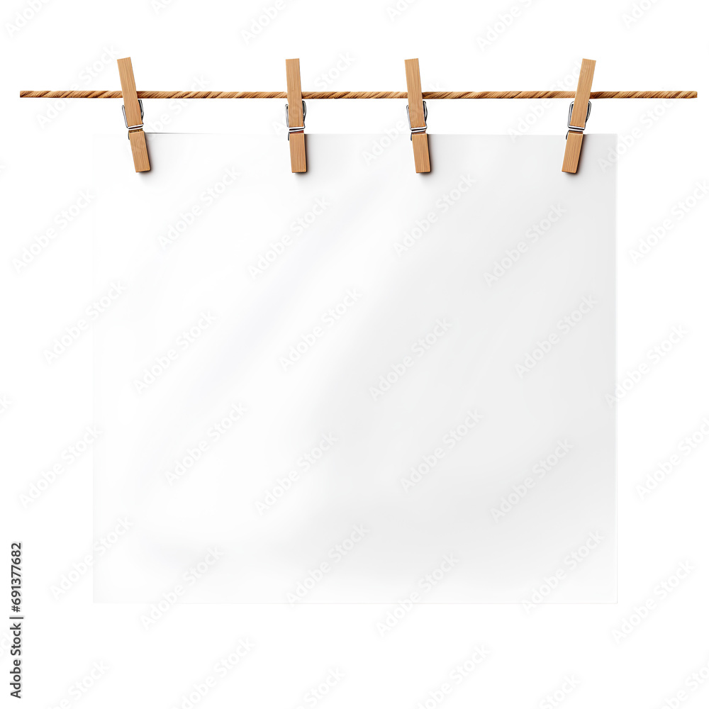 White blank empty paper sheet attached with wooden wood pegs on string ...
