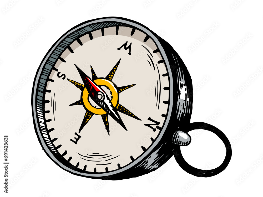 Vintage compass engraving sketch style hand drawn color raster ...